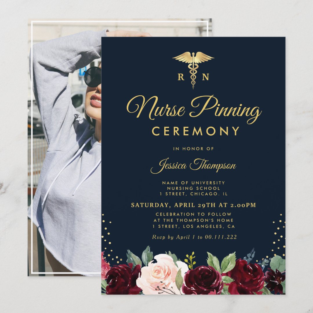 Modern burgundy navy floral Nurse pinning ceremony Invitation | Zazzle