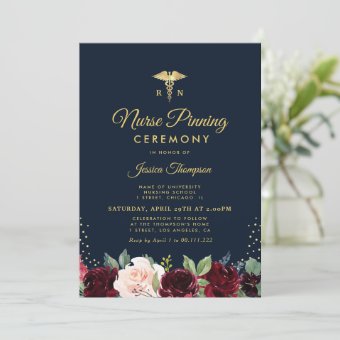 Modern burgundy navy nurse pinning ceremony invitation | Zazzle