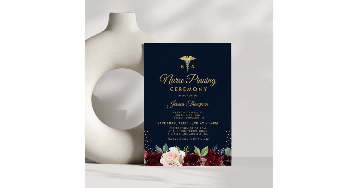 Modern burgundy navy nurse pinning ceremony invitation | Zazzle