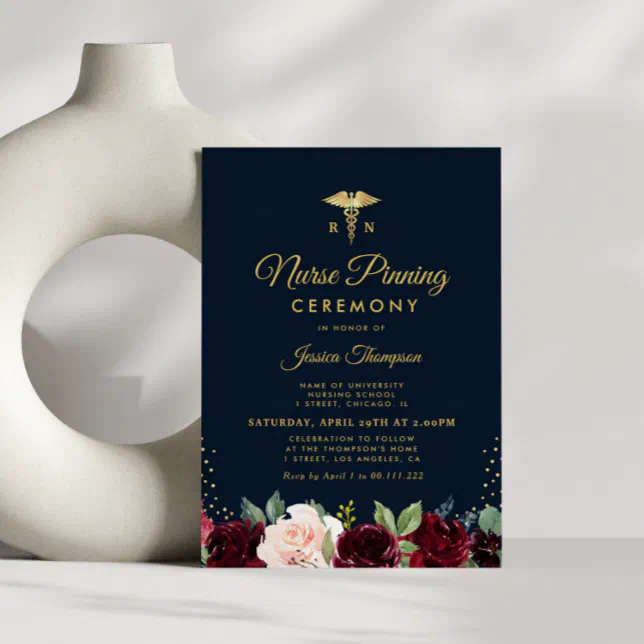 Modern burgundy navy nurse pinning ceremony invitation | Zazzle