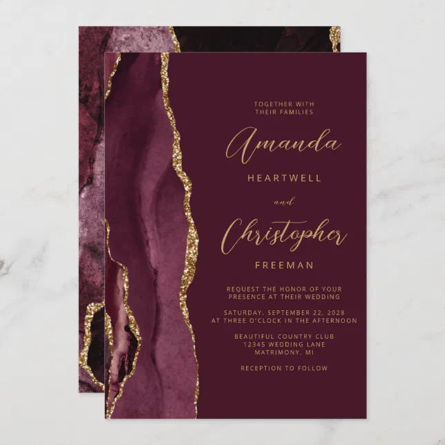 Modern Burgundy Red Gold Agate Script Wedding Invitation | Zazzle