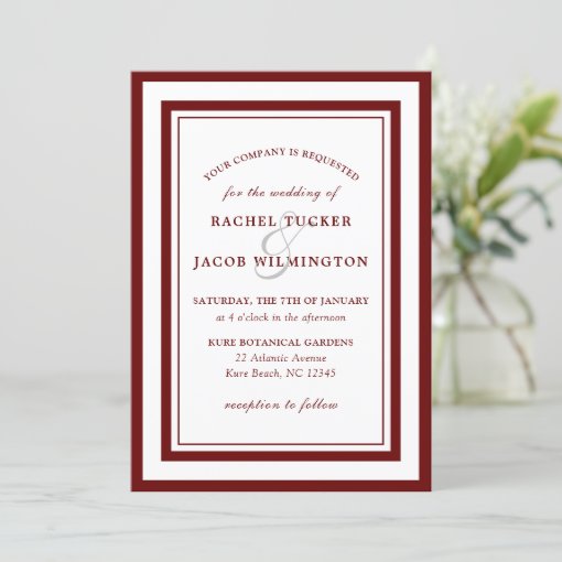 Modern Burgundy Red White Border Simple Wedding Invitation | Zazzle