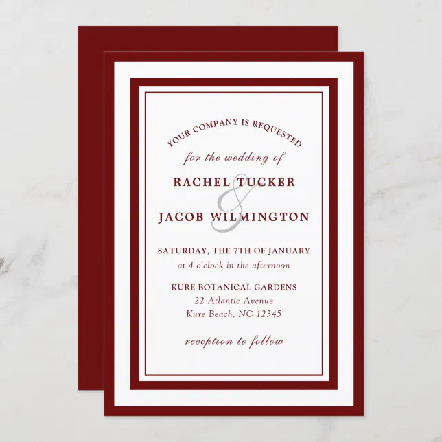 Modern Burgundy Red White Border Simple Wedding Invitation | Zazzle