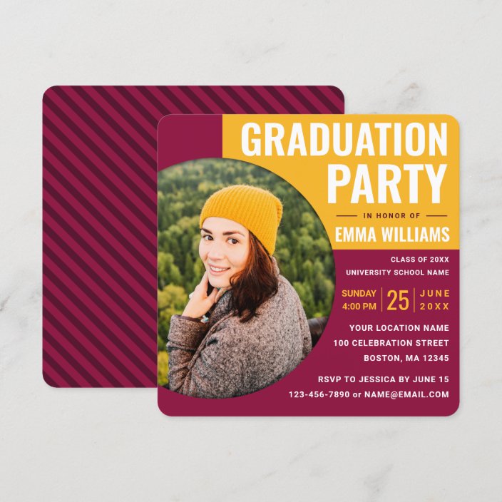 Modern Burgundy Red Yellow | Photo Graduation Invitation | Zazzle.com