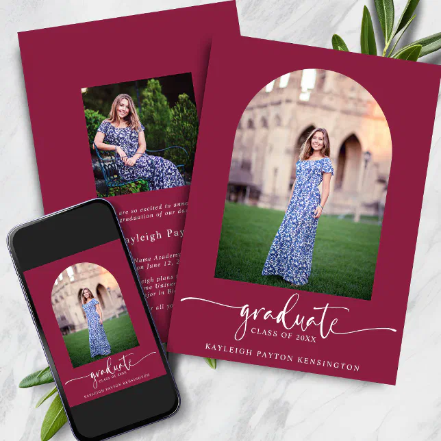 Modern Burgundy Script Graduation Arch Photo Announcement | Zazzle