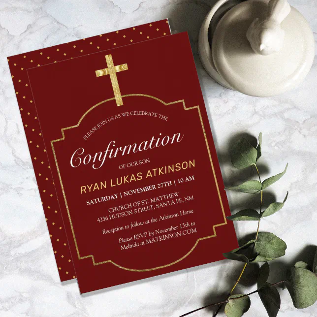 Modern Burgundy Simple Gold Cross Confirmation Invitation | Zazzle