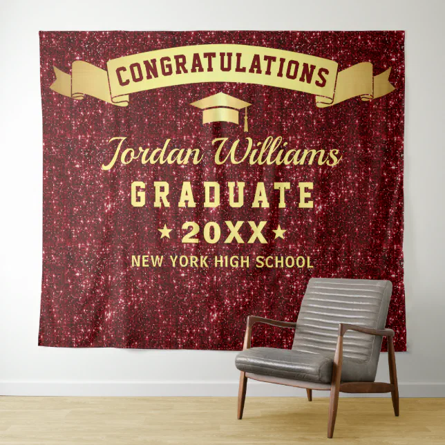 Modern Burgundy Sparkle Graduation Photo Backdrop | Zazzle