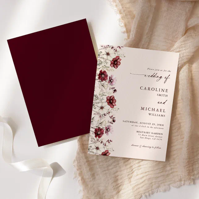 Modern Burgundy Wildflower Wedding Invitation | Zazzle