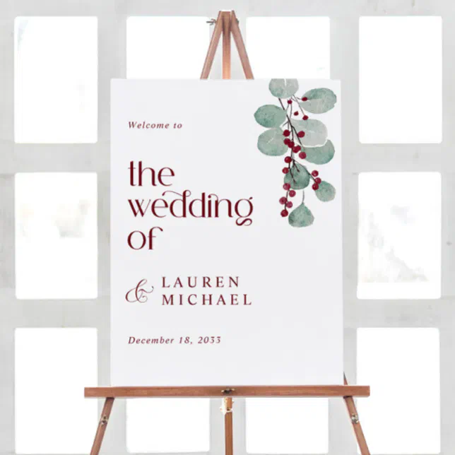 Modern Burgundy Winter Wedding Welcome Sign | Zazzle