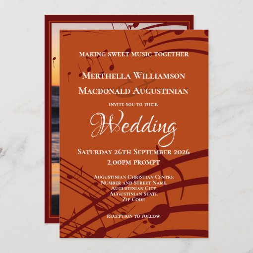 Modern Burnt Orange Music Notes Wedding Invitation | Zazzle
