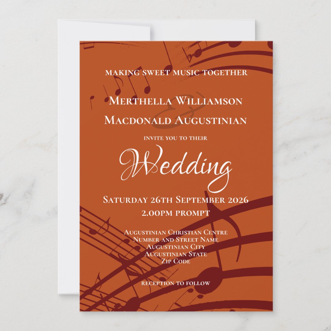 Modern Burnt Orange Music Notes Wedding Invitation | Zazzle