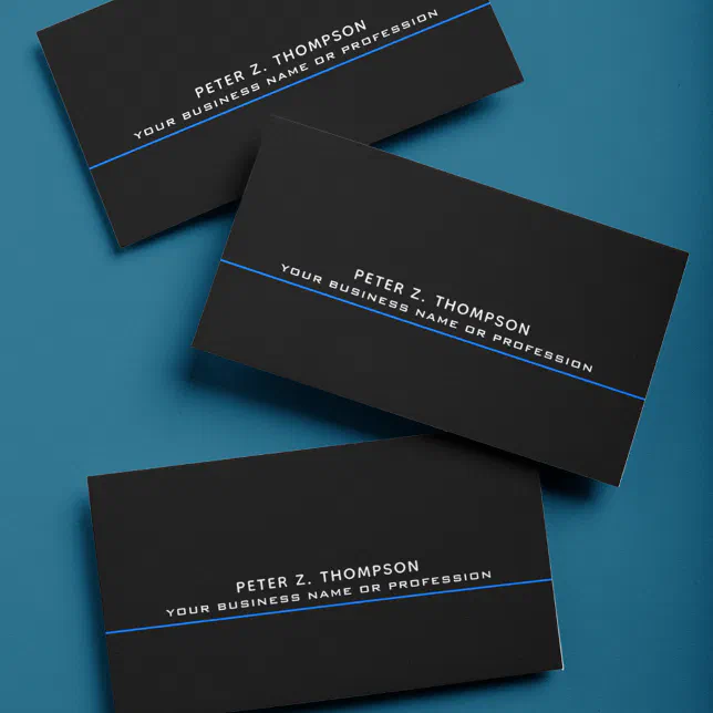Modern business card with thin blue line on black | Zazzle