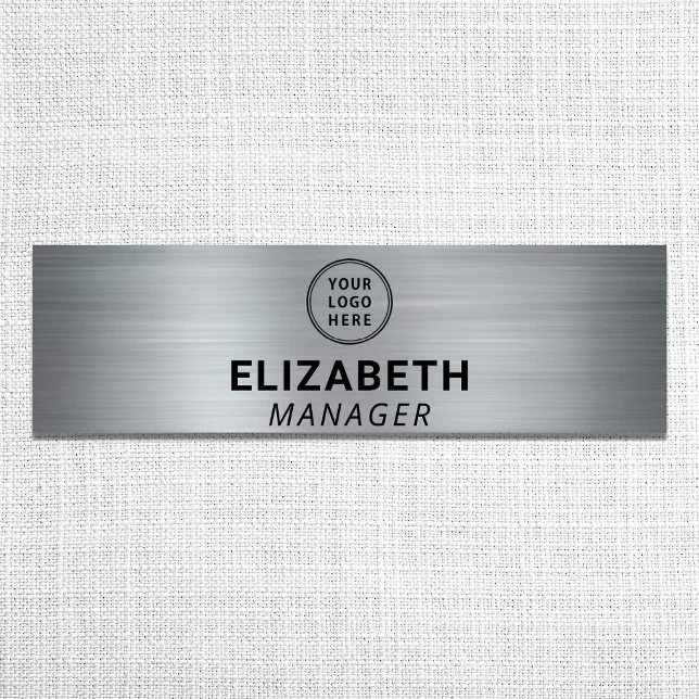 Modern Business Logo Brushed Silver Name Tag | Zazzle