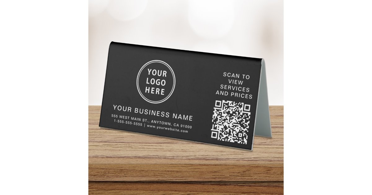 Modern Business Logo QR Code Black Table Tent Sign | Zazzle