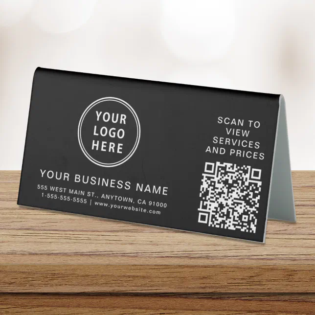 Modern Business Logo QR Code Black Table Tent Sign | Zazzle
