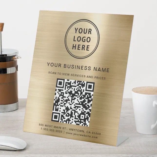 Modern Business Logo QR Code Gold Pedestal Sign | Zazzle