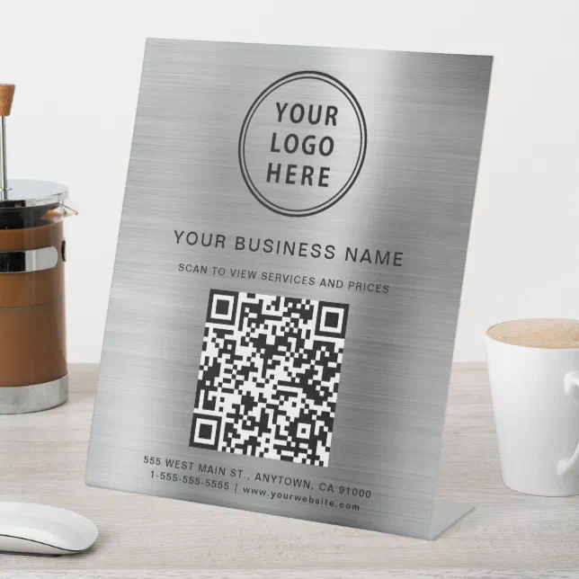 Modern Business Logo QR Code Silver Pedestal Sign | Zazzle