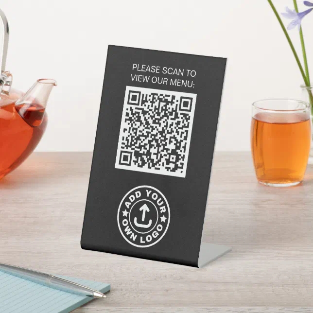 Modern Cafe Contactless Menu Black QR Code Logo Pedestal Sign | Zazzle