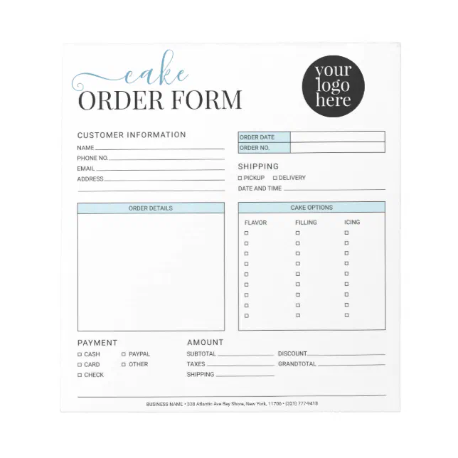 Modern Cake Cupcake Bakery Blue Order Form Notepad | Zazzle