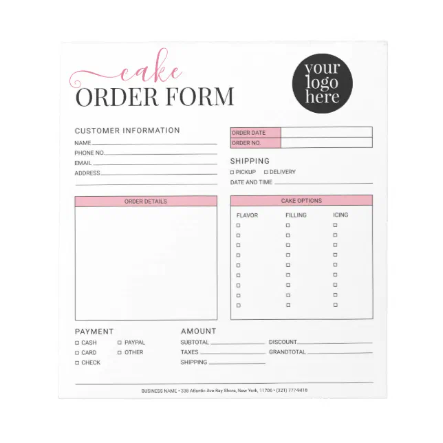 Modern Cake Cupcake Bakery Blush Pink Order Form Notepad | Zazzle