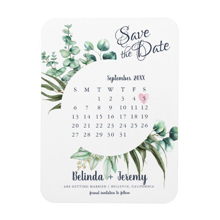 Modern Calendar Eucalyptus Save The Date Magnets | Zazzle