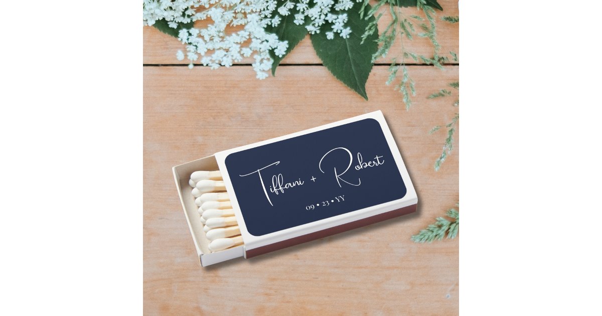 Modern Calligrahy Navy Blue Wedding Matchboxes | Zazzle