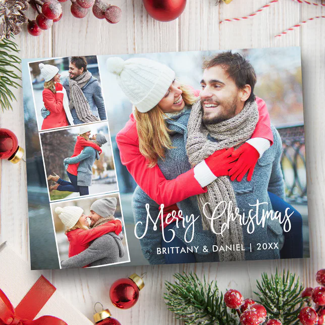 Modern Calligraphy 4 Photo Collage Christmas Postcard | Zazzle