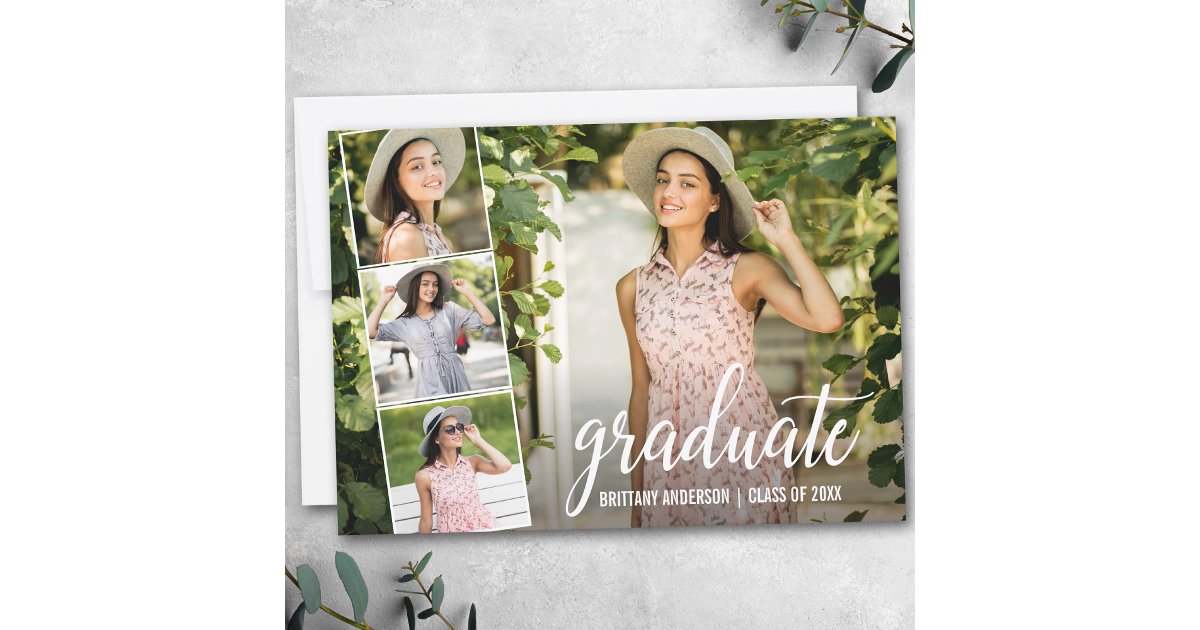 Modern Calligraphy 4 Photo Collage Graduation Announcement | Zazzle