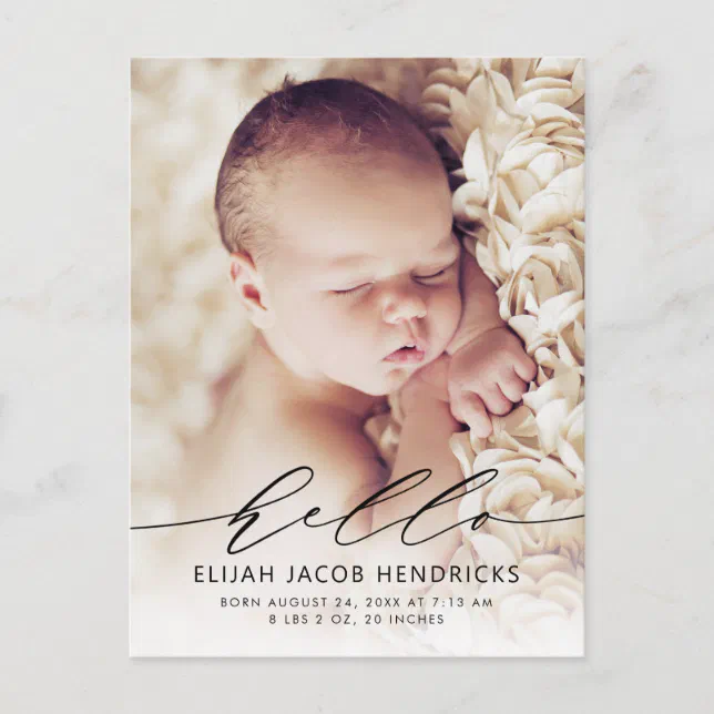 Modern Calligraphy Baby Announcement Postcard | Zazzle
