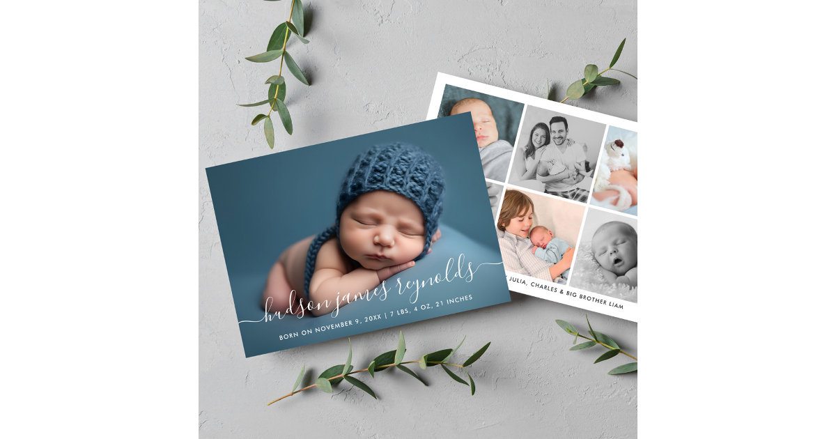 Modern Calligraphy Baby Boy Photo Collage Birth Announcement | Zazzle