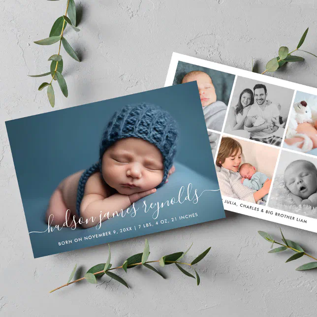 Modern Calligraphy Baby Boy Photo Collage Birth Announcement | Zazzle
