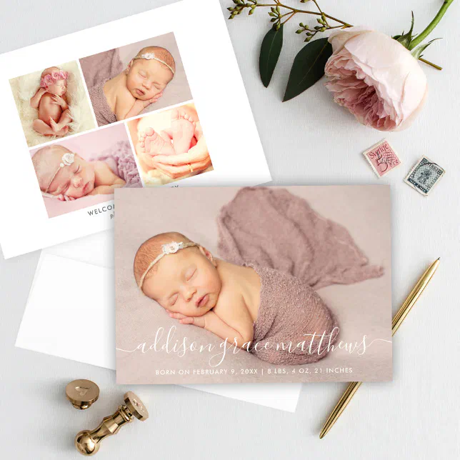 Modern Calligraphy Baby Girl Photo Collage Birth Announcement | Zazzle