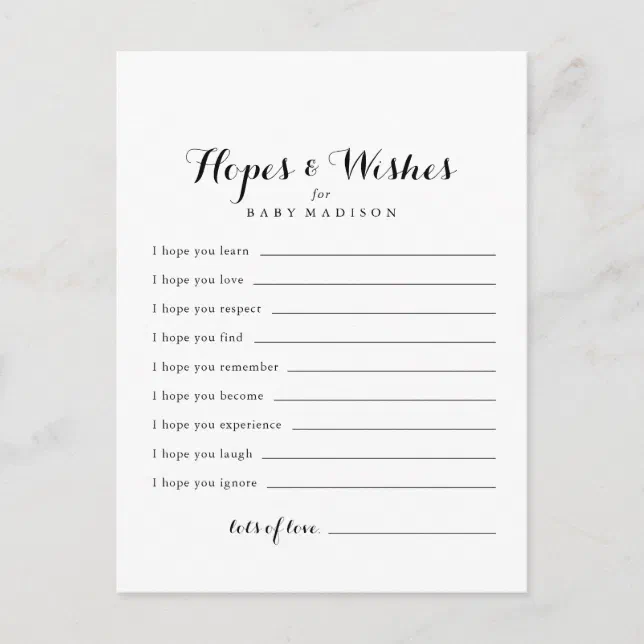 Modern Calligraphy Baby Shower Hopes & Wishes Card | Zazzle