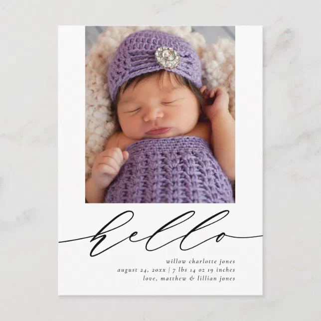 Modern Calligraphy Birth Announcement Postcard | Zazzle