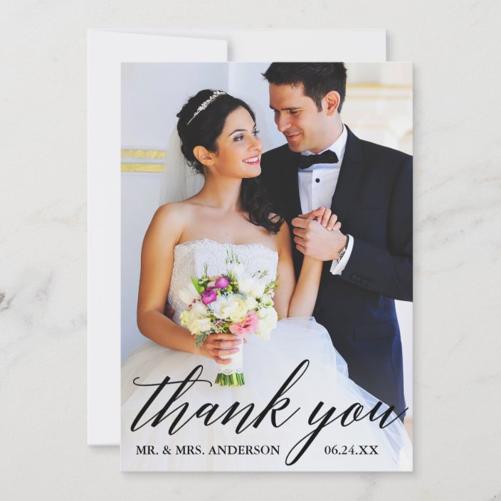 Modern Calligraphy Bride Groom Photo Wedding Thank You Card | Zazzle.com