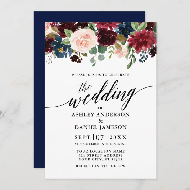 Modern Calligraphy Burgundy Floral Blue Wedding Invitation | Zazzle
