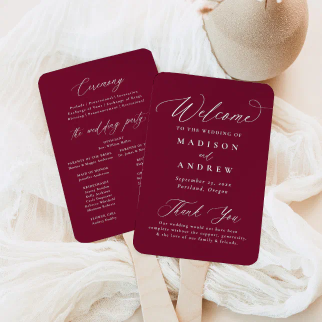 Modern Calligraphy Burgundy Wedding Program Hand Fan | Zazzle