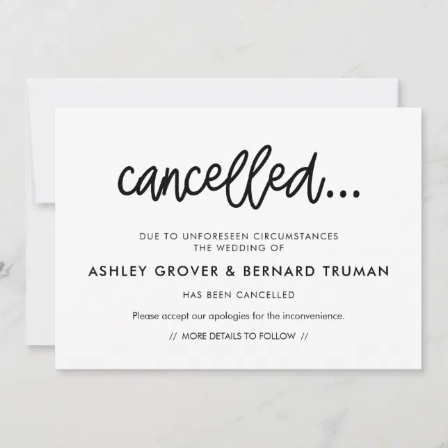 Modern calligraphy Cancelled event announcement | Zazzle