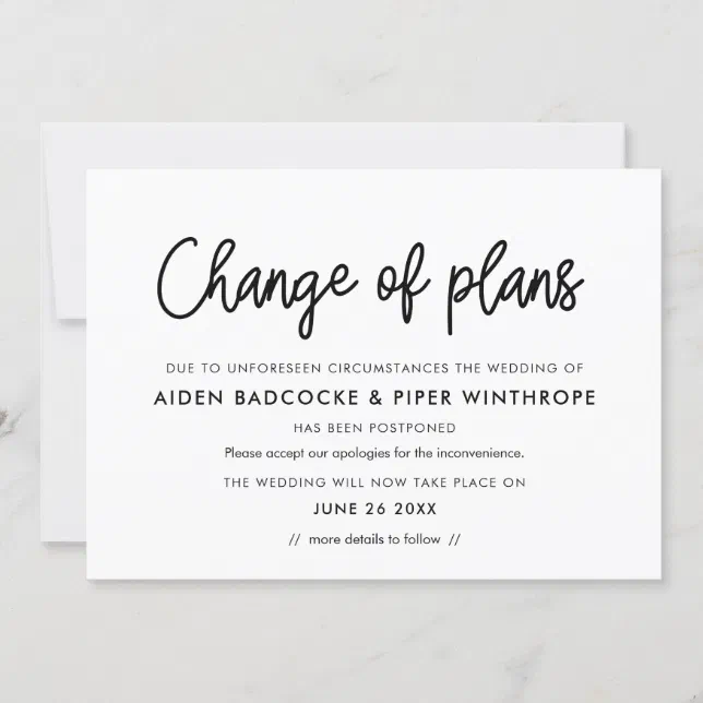 Modern calligraphy change of plans wedding update invitation | Zazzle