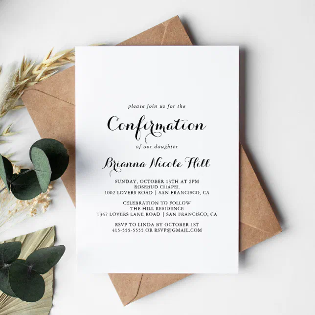 Modern Calligraphy Confirmation Invitation | Zazzle