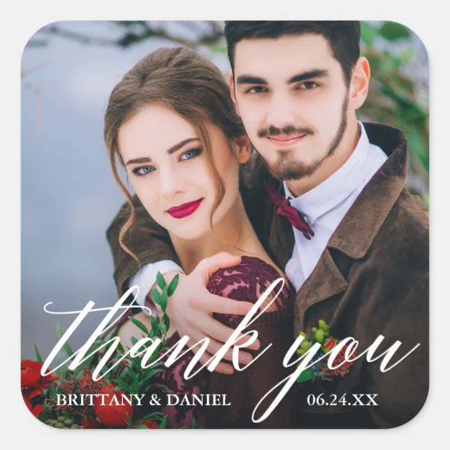 Modern Calligraphy Couple Photo Wedding Thank You Square Sticker | Zazzle