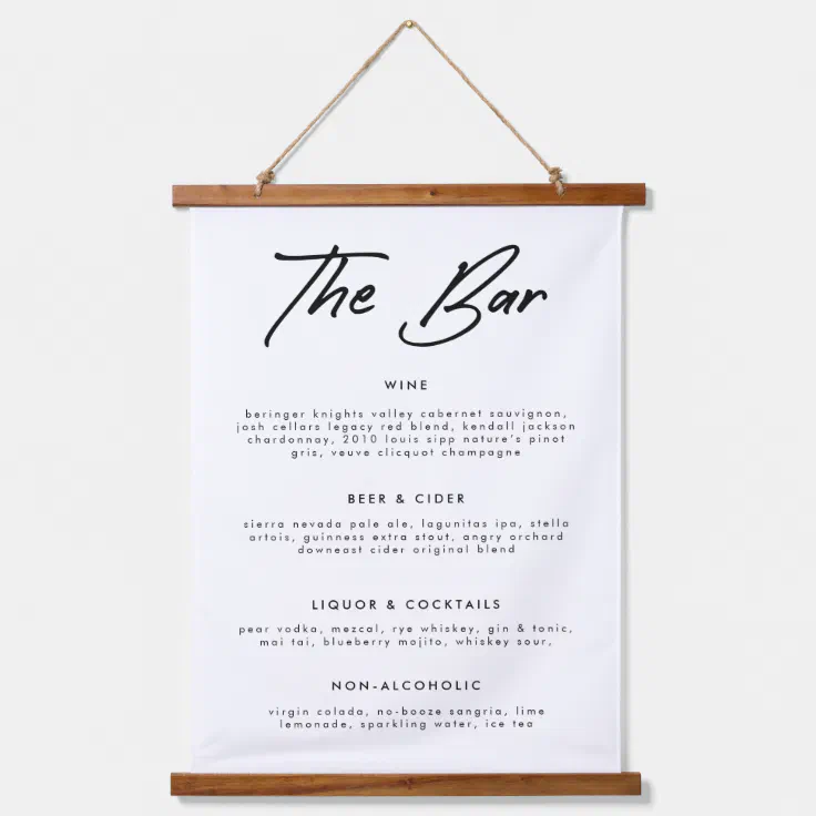 Modern Calligraphy Drinks Wedding Bar Menu Canvas Hanging Tapestry | Zazzle