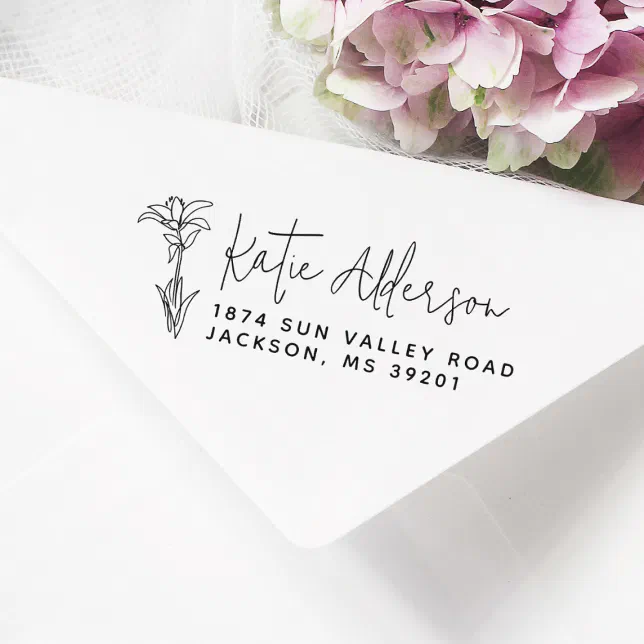 Modern Calligraphy Elegant Flower Return Address Rubber Stamp | Zazzle