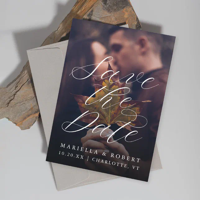 Modern Calligraphy Fall Photo Save The Date | Zazzle