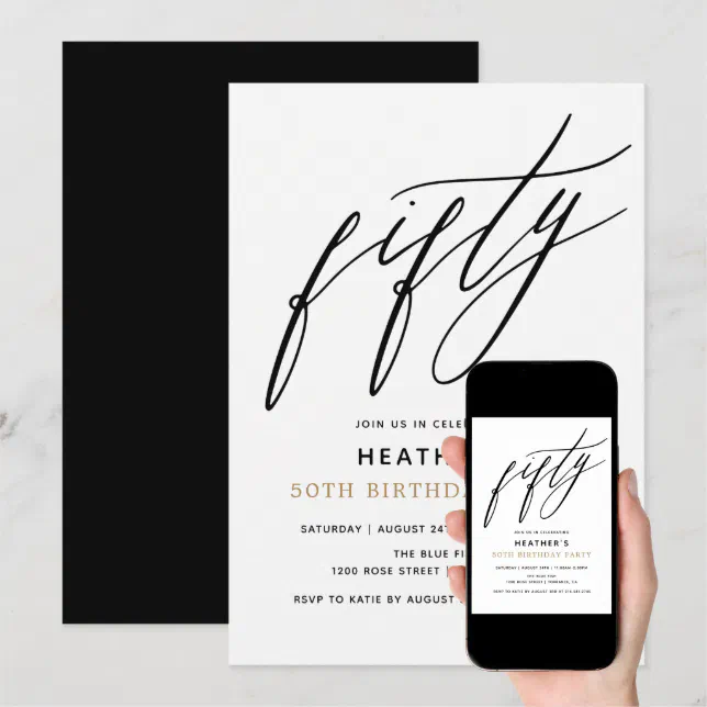 Modern Calligraphy Fifty 50th Birthday Party Invitation | Zazzle