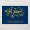 Modern Calligraphy Foliage Lettering Blue Baptism Foil Invitation | Zazzle