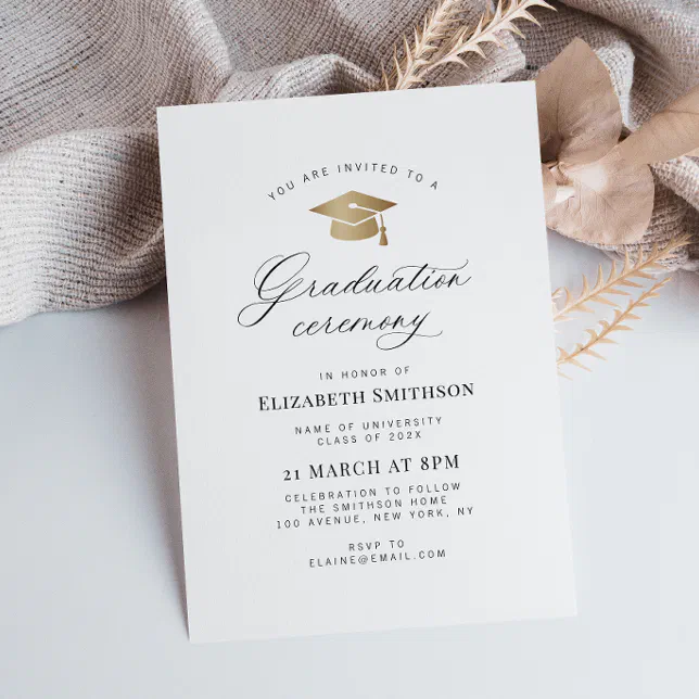 modern calligraphy gold cap graduation ceremony invitation | Zazzle
