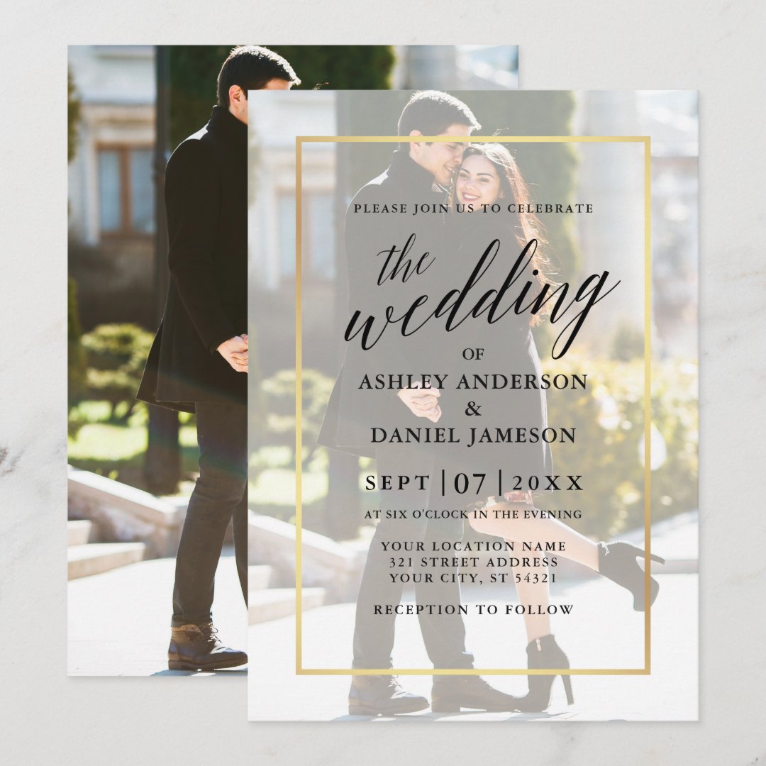 Modern Calligraphy Gold Frame Photo Wedding Invitation | Zazzle