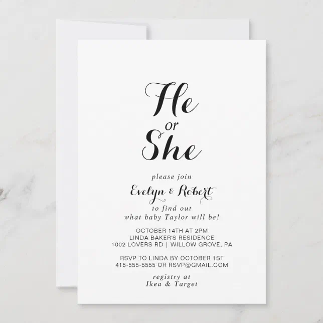 Modern Calligraphy He or She Gender Reveal Invitation | Zazzle