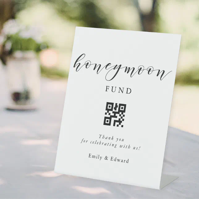Modern Calligraphy Honeymoon Fund QR Code Wedding Pedestal Sign | Zazzle